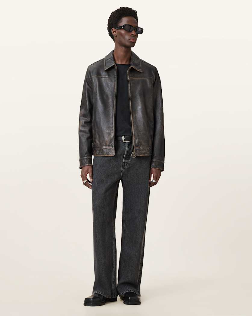 Alkan Zip Up Two Tone Leather Jacket Vintage Black | ALLSAINTS US